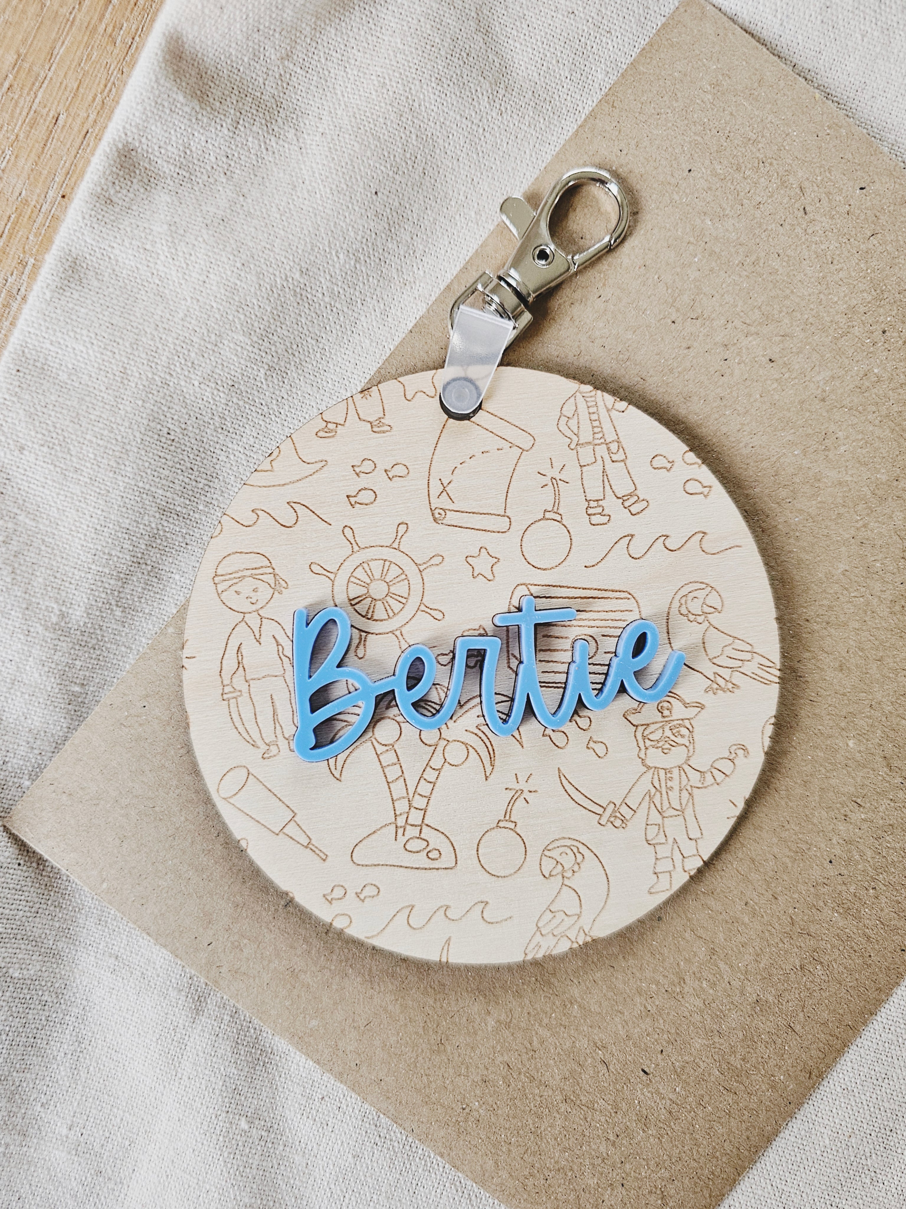 Kids Personalised Pirate Name Tag Keyring – Bobo and the mouse