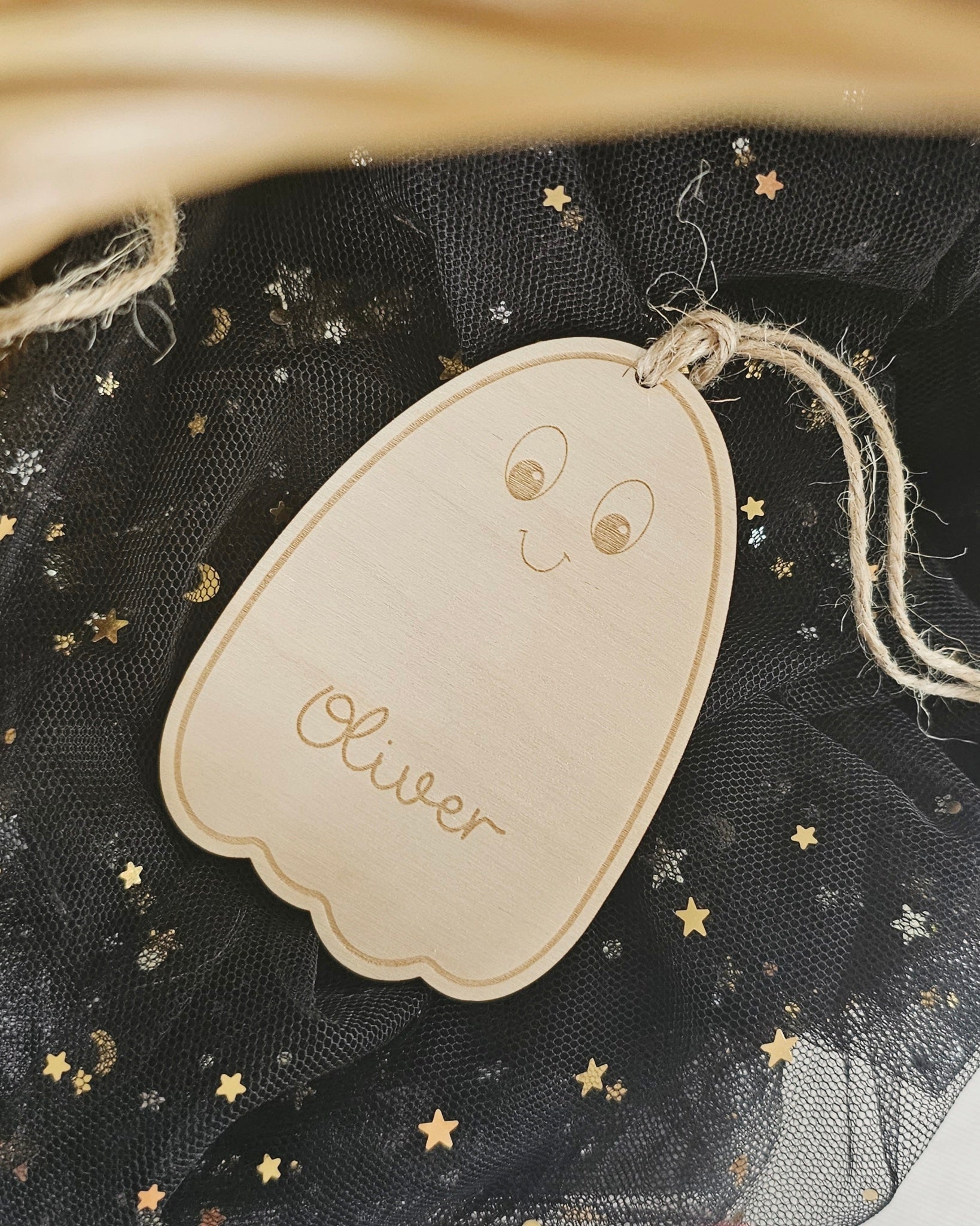 Personalised Wooden Ghost Tag Decoration – Bobo and the mouse